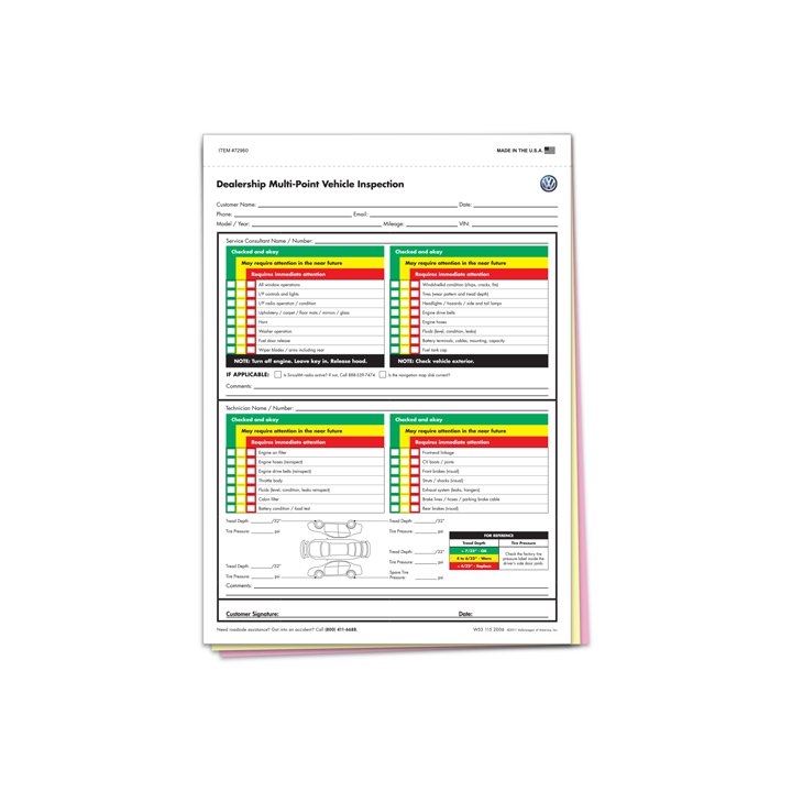 VW MULTI-POINT VEHICLE CHECKUP - 3 PART – SNYADS Services